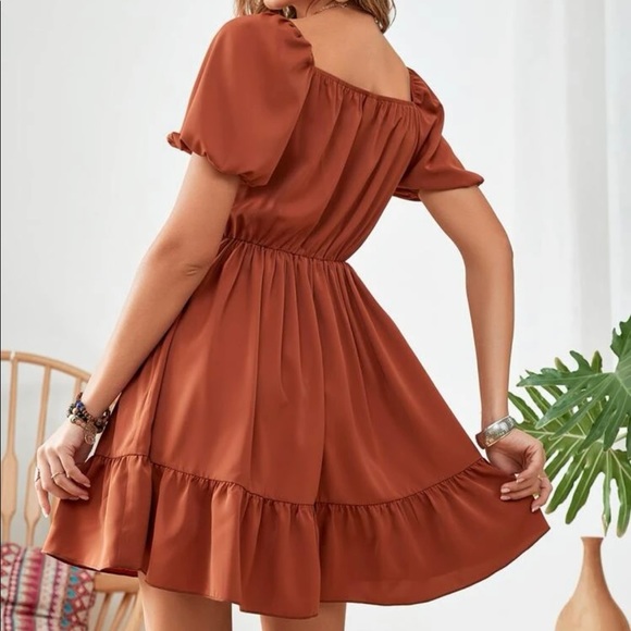 Dresses | Rust Brown Square Neck Ruffle Dress Large 81 New Without Tags ...